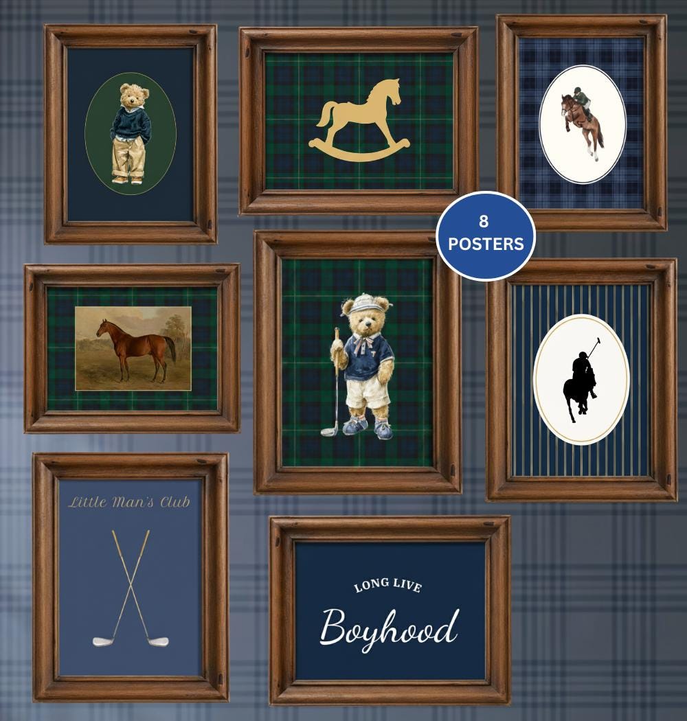 Ralph Lauren Polo Bear Set of 8 Prints: Blue Vintage Boy Nursery Decor ...