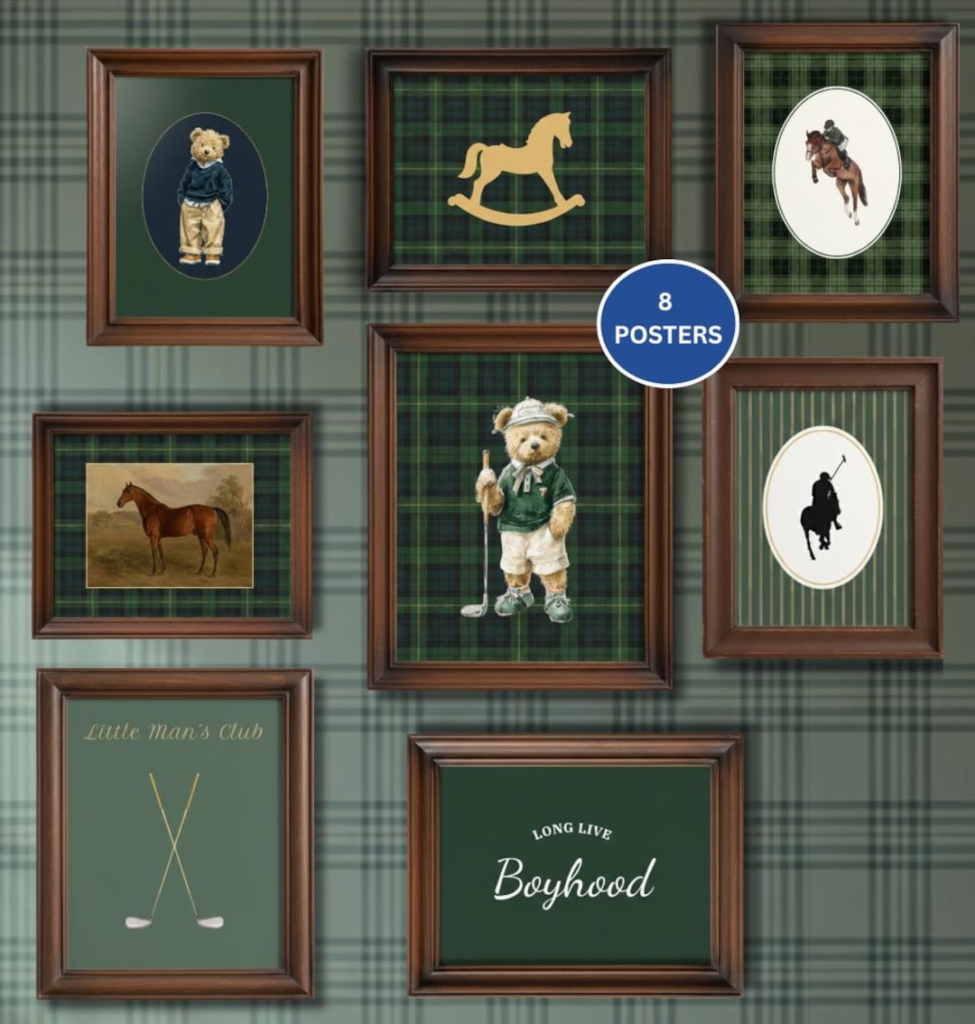 Ralph Lauren Inspired Set of 8 Prints: Green Vintage Boy Decor, Preppy ...
