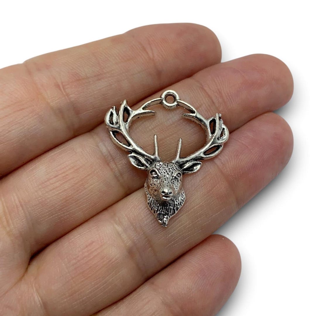 5 X Stag Head With Antlers Charms / Pendants - Antique Silver Tone A09 ...