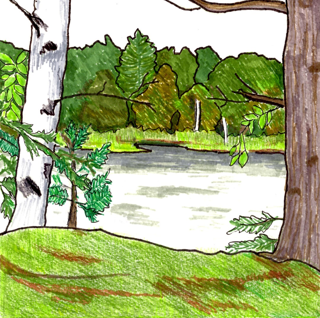 Evening Oxbow Lake Drawing in Marker and Pencil on - Etsy