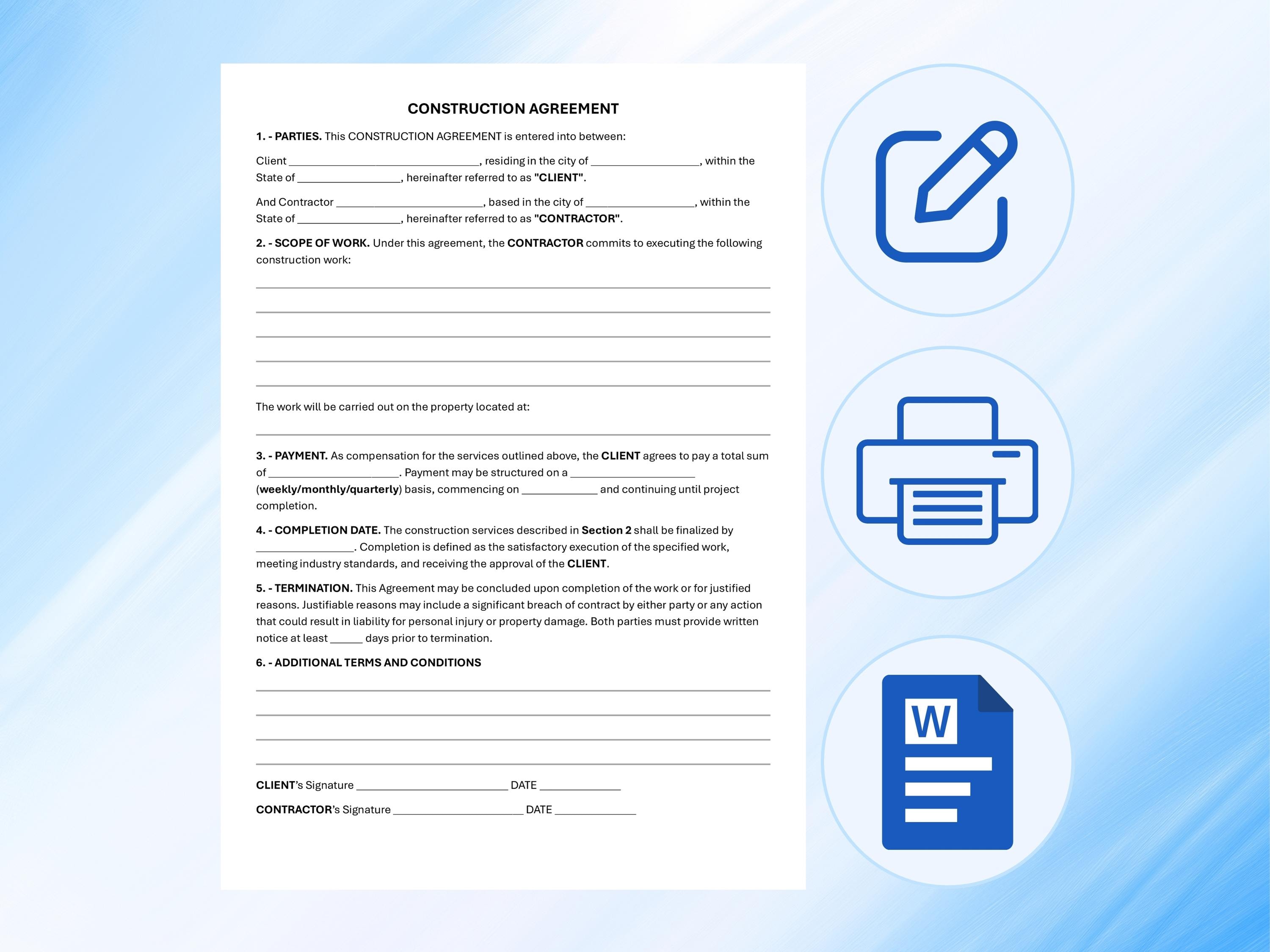 Construction Contract | Agreement Template | Editable & Fillable ...