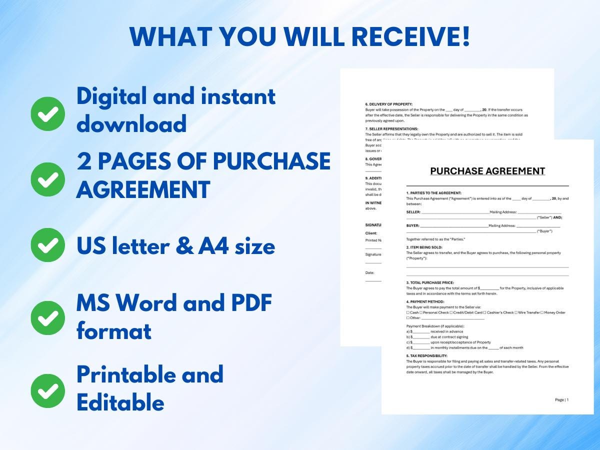 Fillable Purchase Agreement Template – Editable Sales Contract for ...