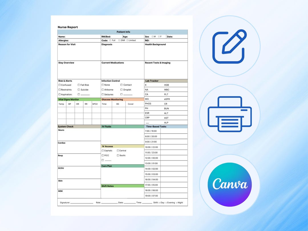 Editable Nurse Sheet | Single Patient Report Template | Printable & Digital PDF | Nursing Shift ...