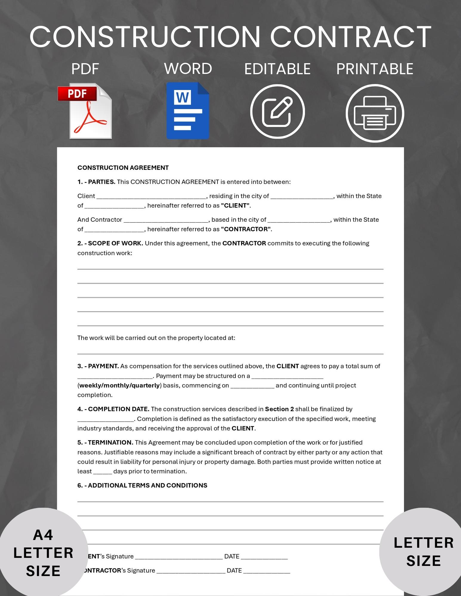Construction Contract | Agreement Template | Editable & Fillable ...