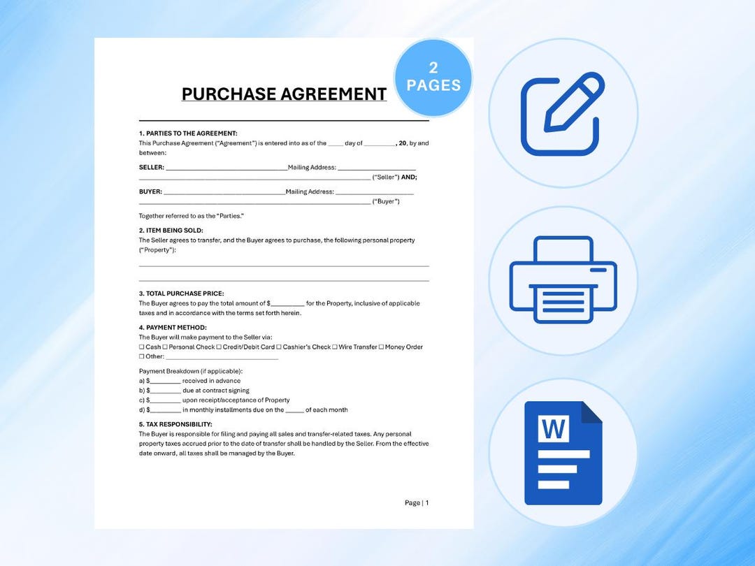 Fillable Purchase Agreement Template – Editable Sales Contract for ...