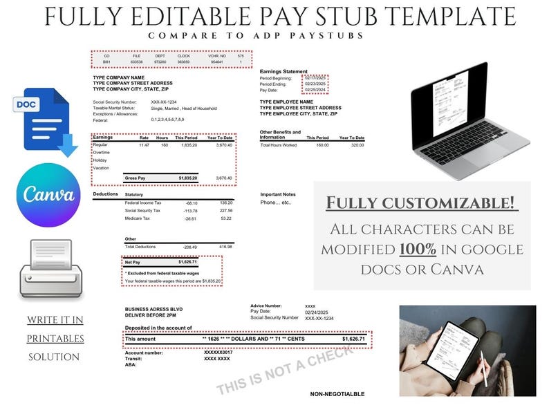 Pay Stub Template | Fillable and Printable Paycheck Stub | Instant ...