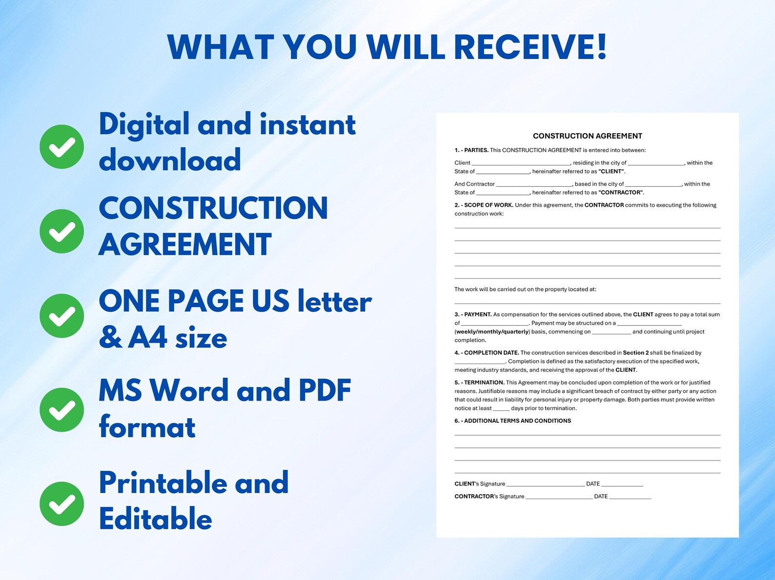 Construction Contract | Agreement Template | Editable & Fillable ...
