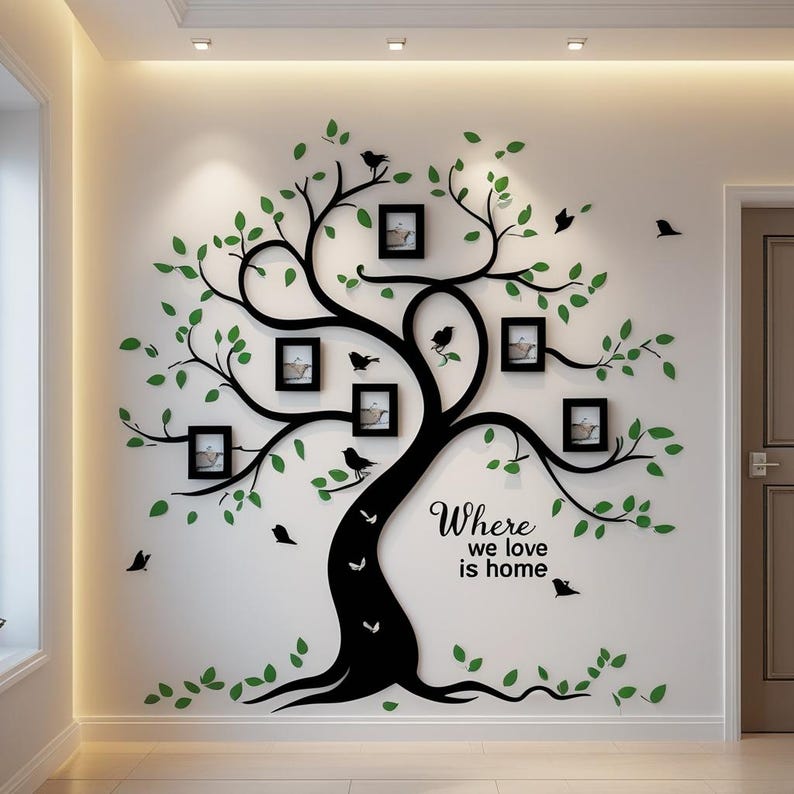 Photo Wall Acrylic Decal, Creative Tree Silhouette Green Leaves Self ...