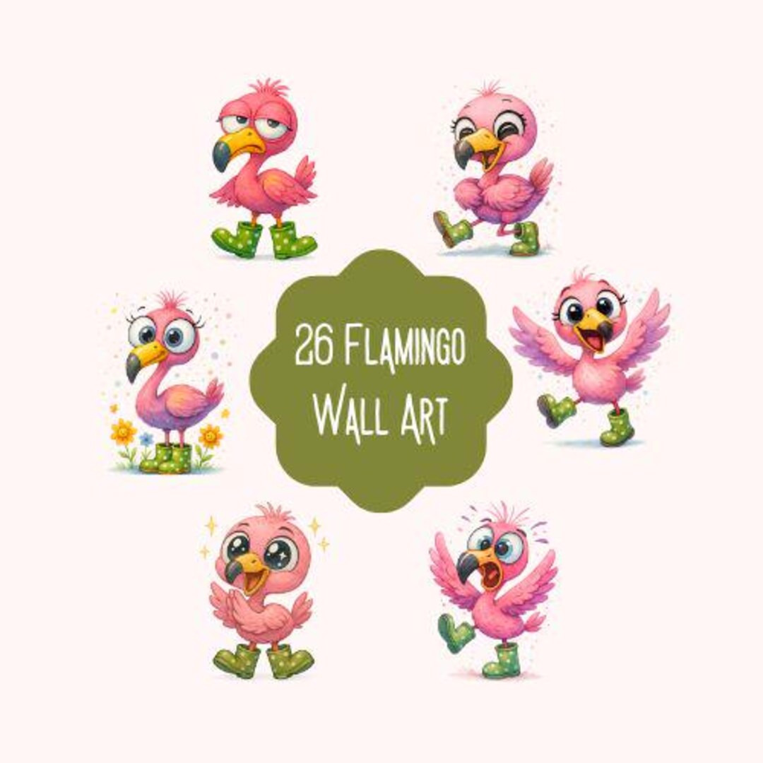 Watercolor Flamingo Clipart: 26 Cartoon Expressions (PNG Digital ...