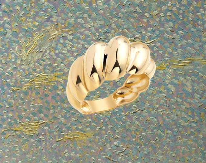 14K Solid Gold Croissant Ring, Real Gold Dome Ring, Thick Band ...