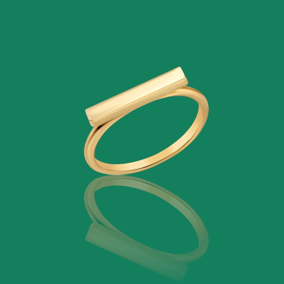 14K Solid Gold Bar Ring, Minimalist Signet Ring, Custom Engraved Pinky Ring, Dainty Stackable ...