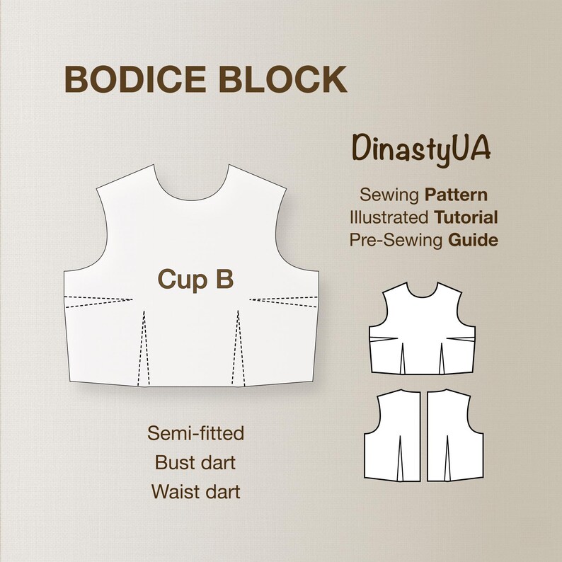 Women's Basic Bodice Block Pattern: Semi-fitted, Bust Cup B, Waist ...