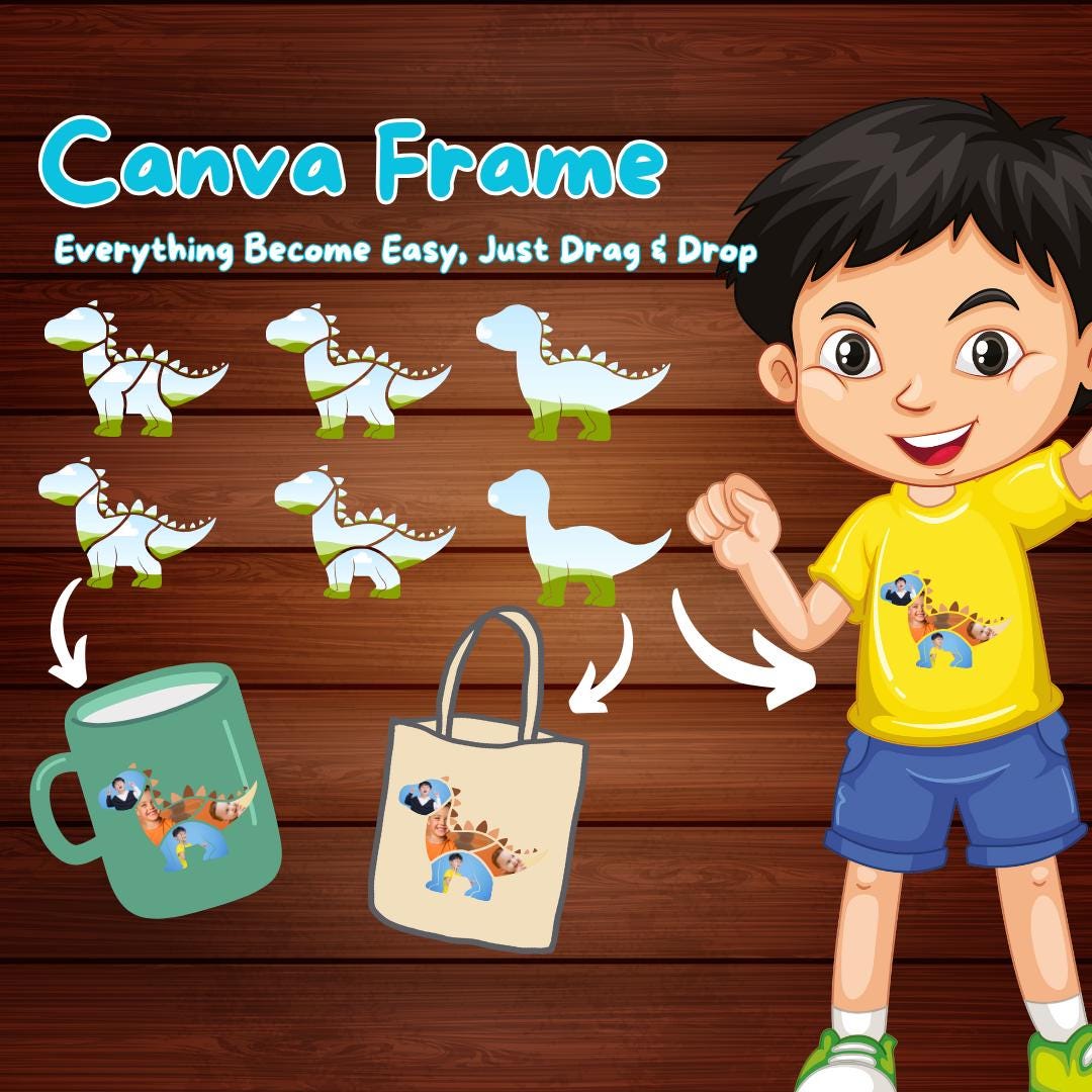 Editable 6 Cute Dinosaurs Canva Frame | Drag and Drop Frame Element for ...