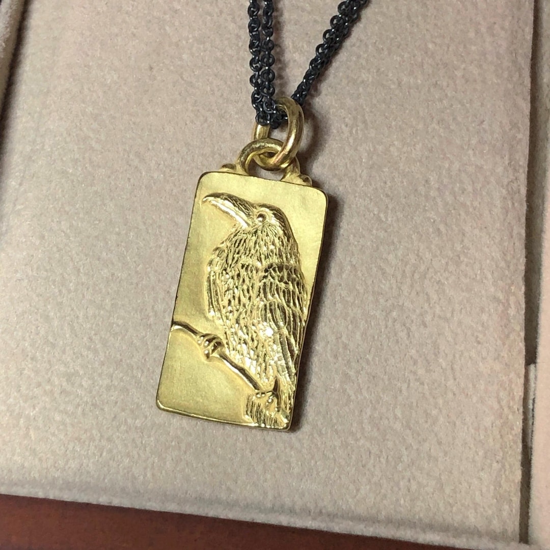 Raven Pendant in 18k Gold With Darkened Sterling Silver Double Chain - Etsy