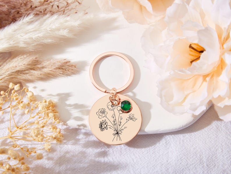 Personalized Birthstone Keychain for Women,combined Birth Flower ...