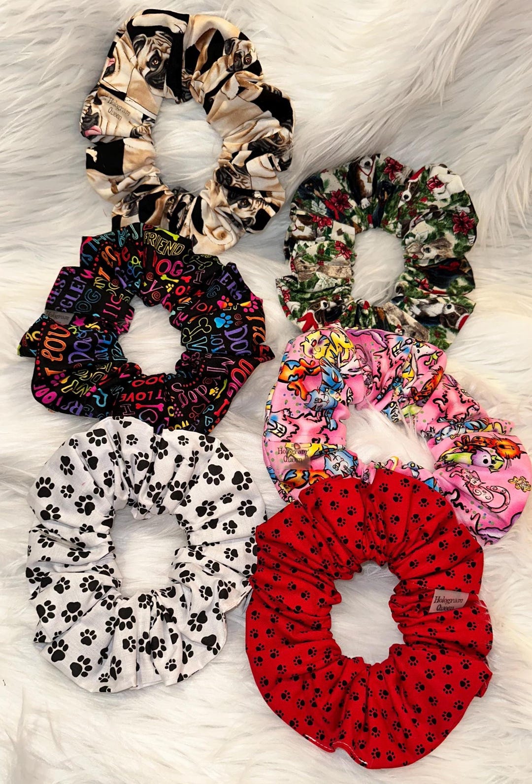 XL Cotton Scrunchie Pug & Dog Paw Prints and Christmas Theme Hair ...