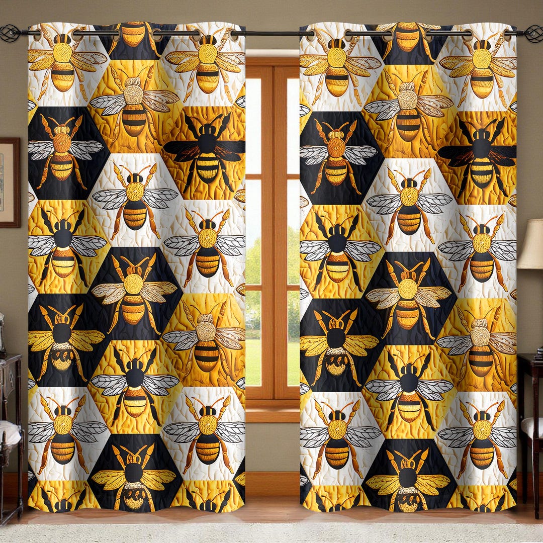 Honey Bee Curtains, Honeycomb Window Drapes, Rustic Farmhouse Bee Art ...