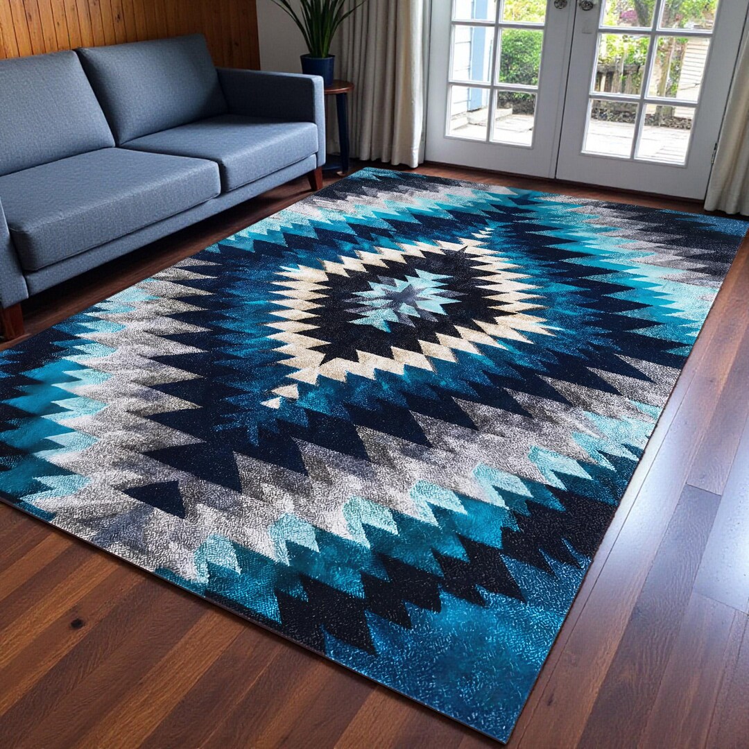 Blue Aztec Inspired Rug for Living Room, Southwestern Tribal Pattern ...