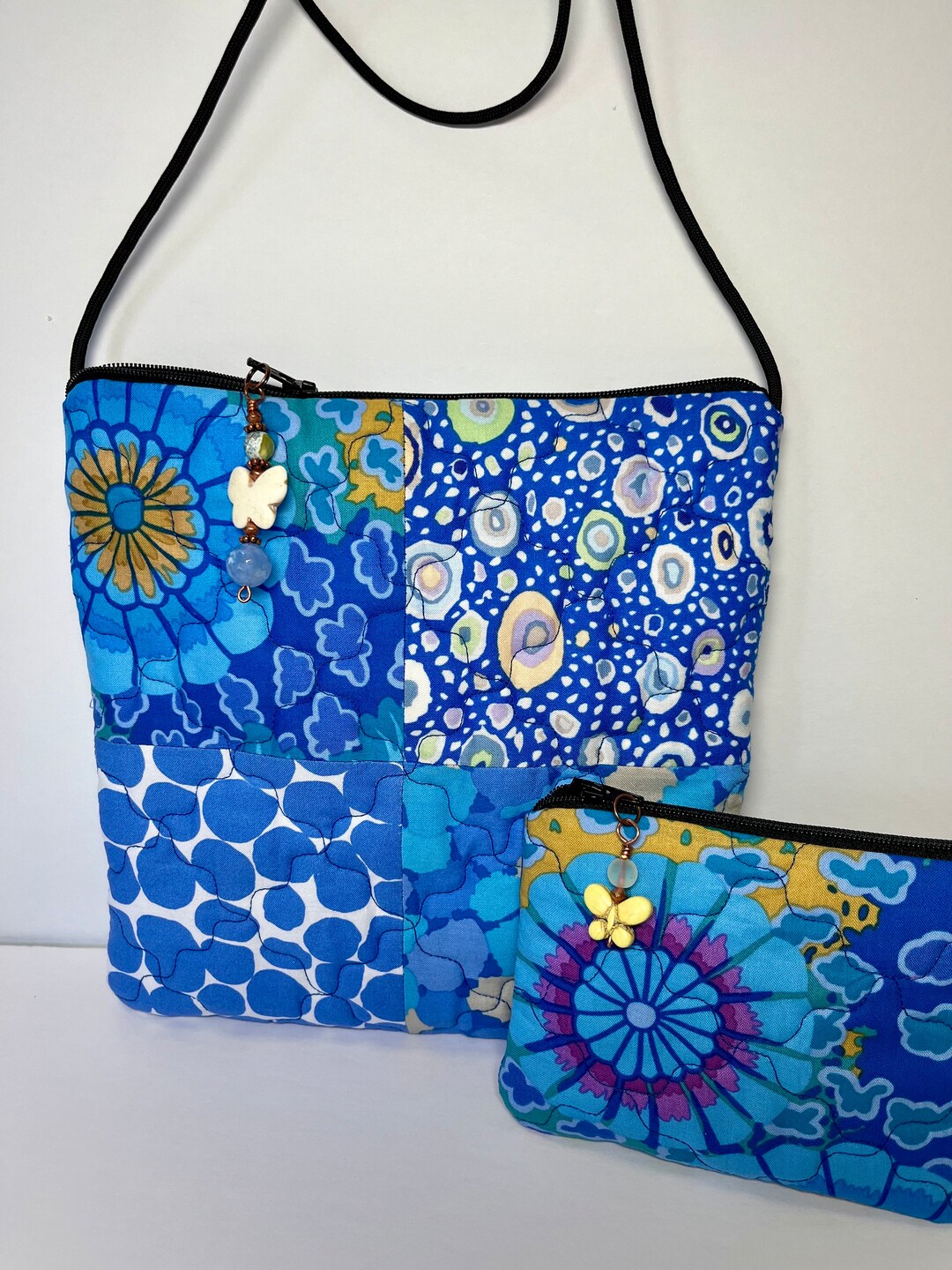 Handmade Quilted Purse Set, Blue Crossbody Purse Set, Small Crossbody ...