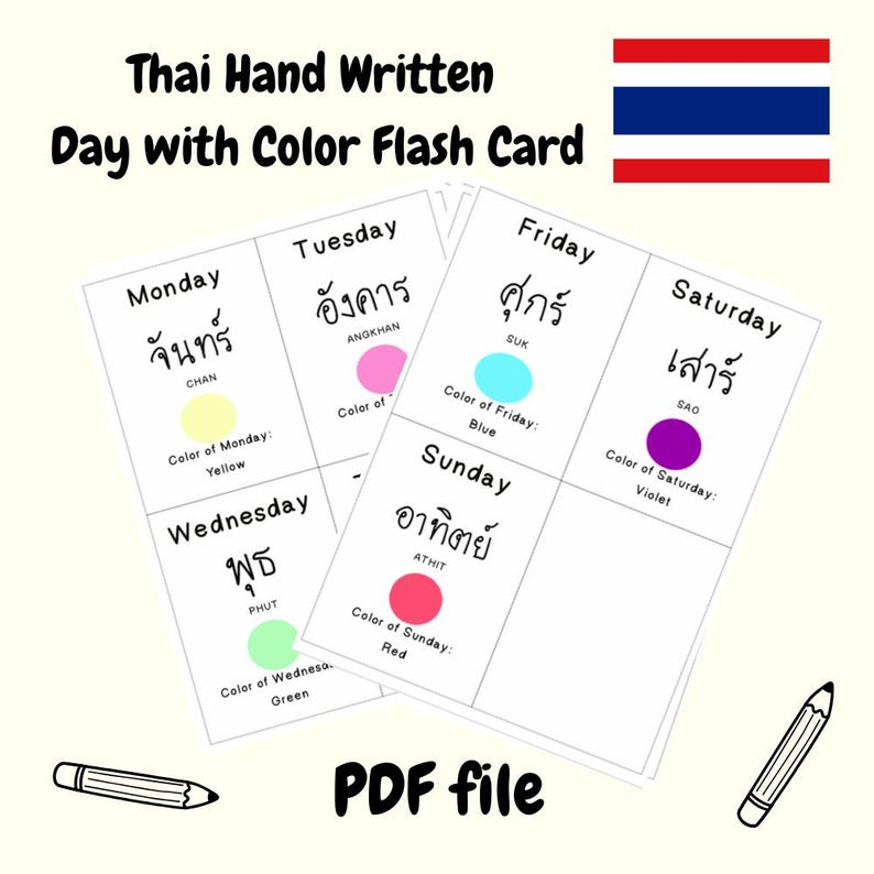 Thai Flash Card, Day and Color, Thai Hand Written, Thai Reading ...
