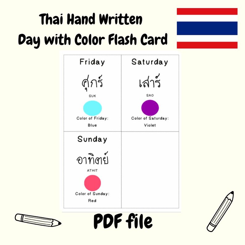 Thai Flash Cards: Days & Colors, Beginner Thai Reading (printable PDF ...