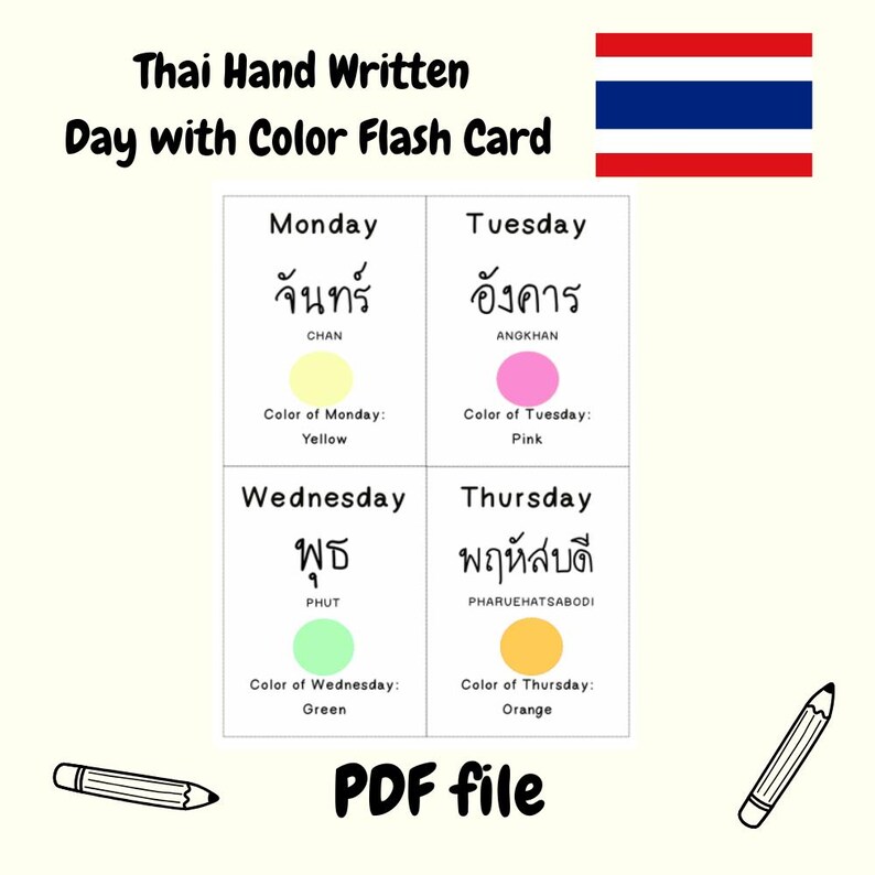 Thai Flash Cards: Days & Colors, Beginner Thai Reading (printable PDF ...