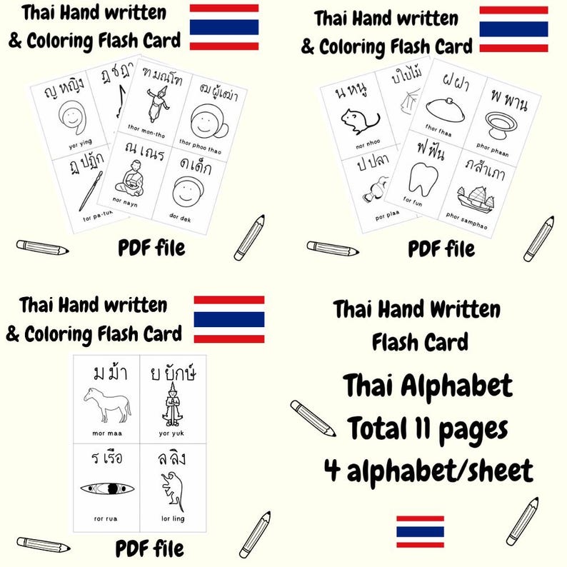 Thai Flash Cards Coloring Bundle: Alphabet, Fruit, Transportation ...
