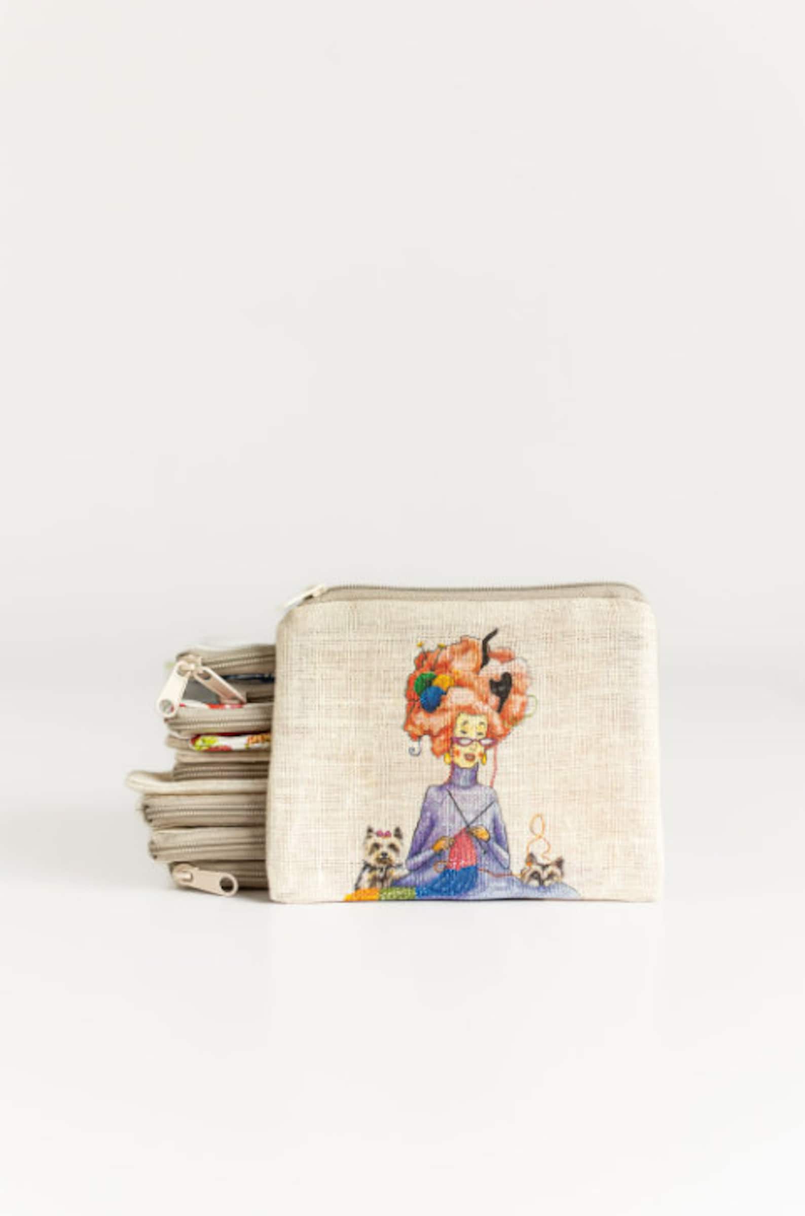 Small Zip Purse With Lady Who is Knitting Print - Etsy