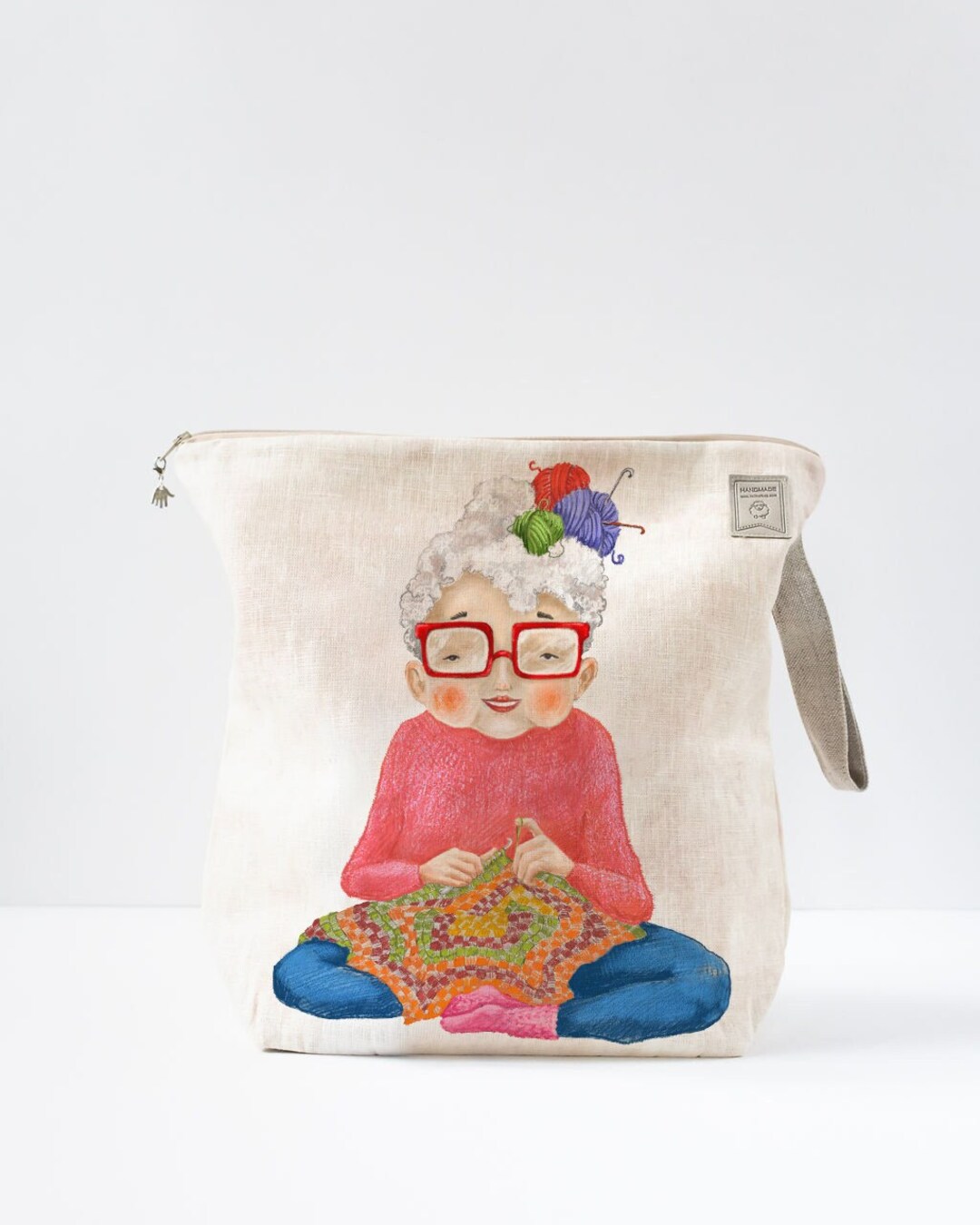 Medium Size Project Bag With Zipper and Old Lady Who is Crochet Print ...