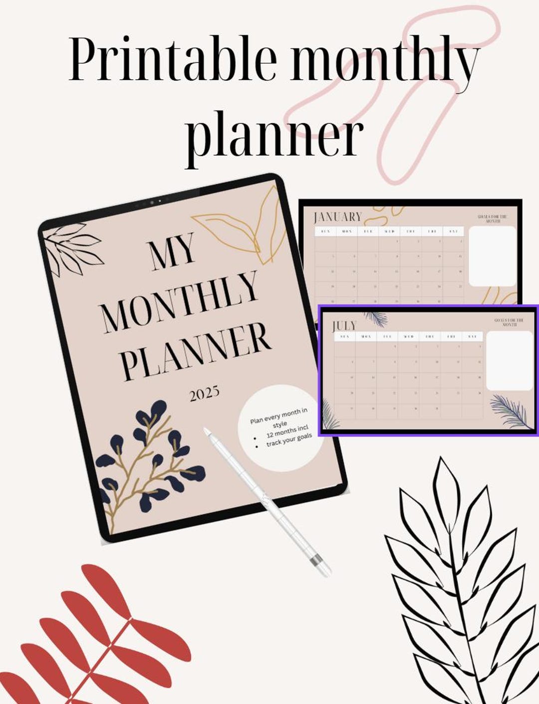 2025 Floral Minimalist Monthly Planner | Printable Digital Planner ...
