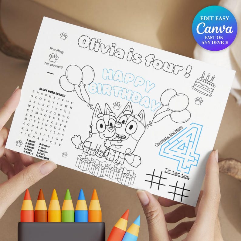 Bluey Birthday Party Activity Sheet | Personalized Party Placemat ...