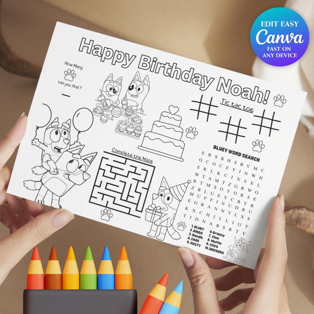 Editable Bluey Birthday Coloring Placemat | Personalized Bluey Puzzle ...