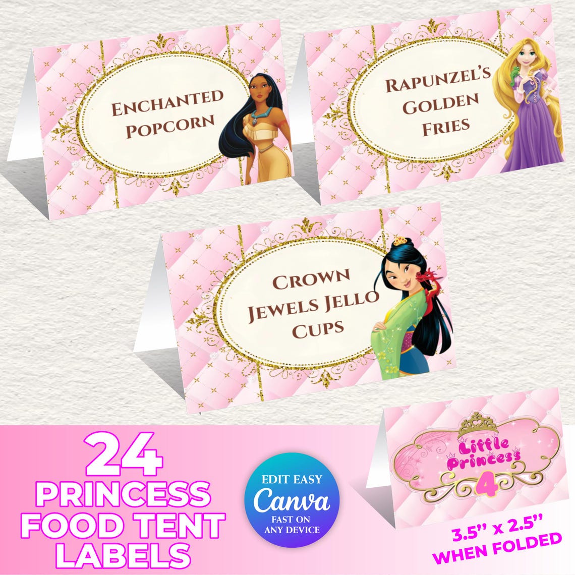 24 Princess Party Food Labels & Food Tents, Canva Editable Place Cards ...