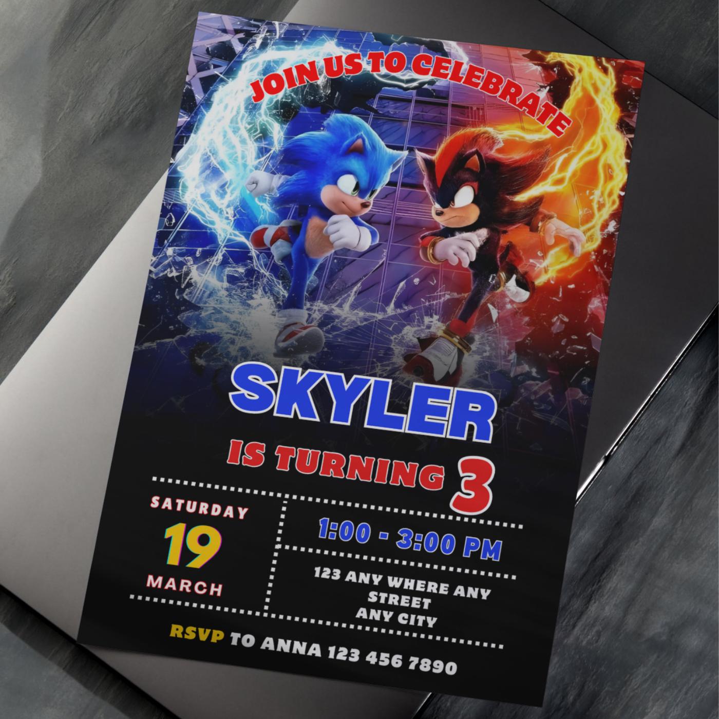 Editable Shadow Birthday Invitation, Sonic the Hedgehog 3, Sonic 3 ...