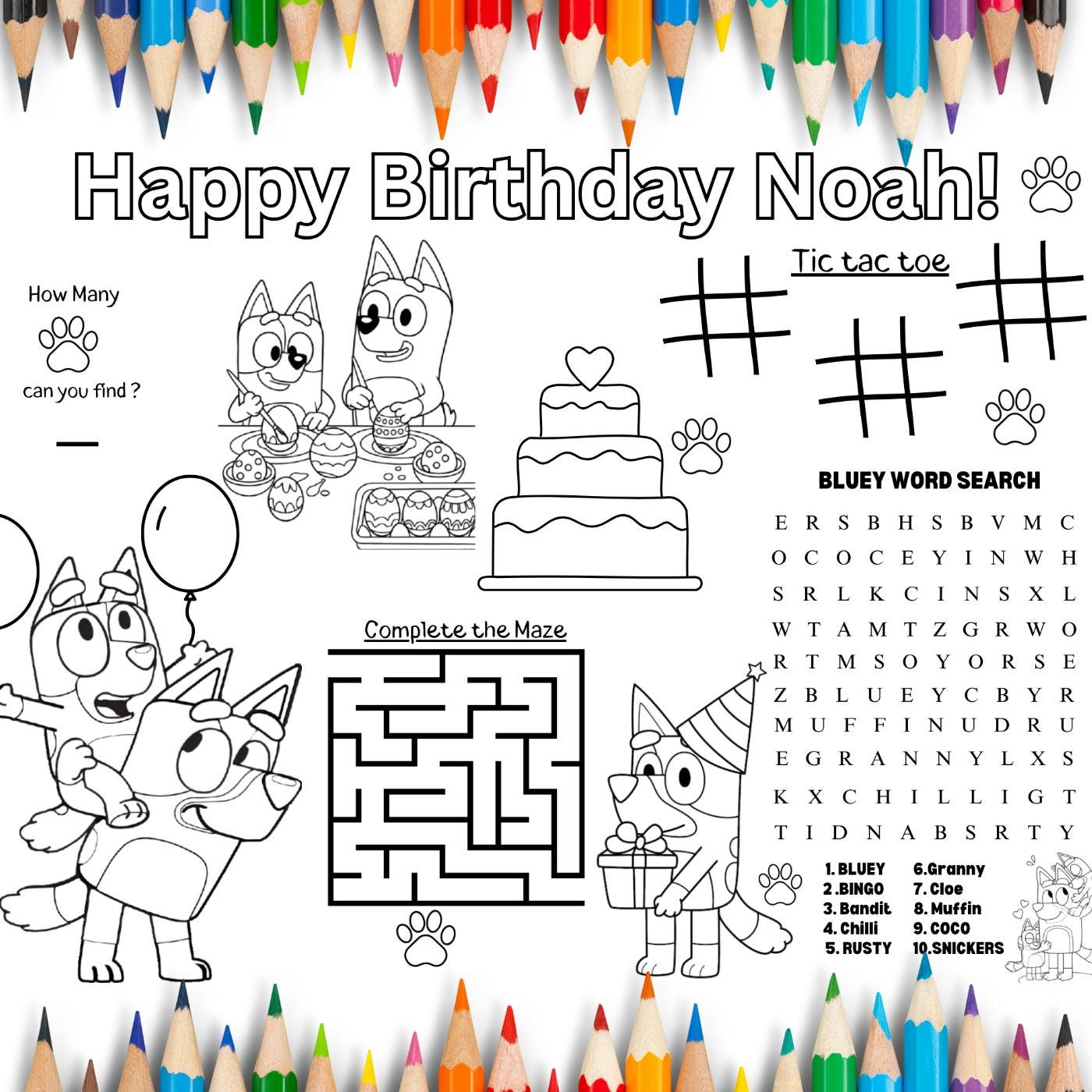 Editable Bluey Birthday Coloring Placemat | Personalized Bluey Puzzle ...