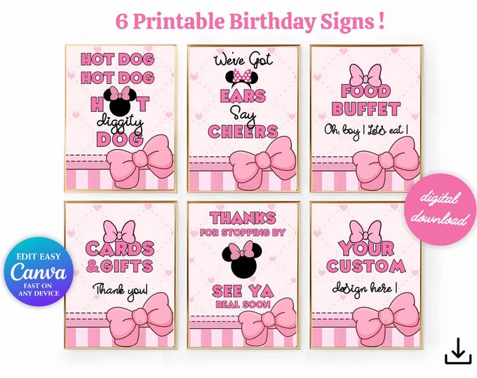 Editable Minnie Mouse Birthday Party Signs Bundle | Pink Mouse Party ...