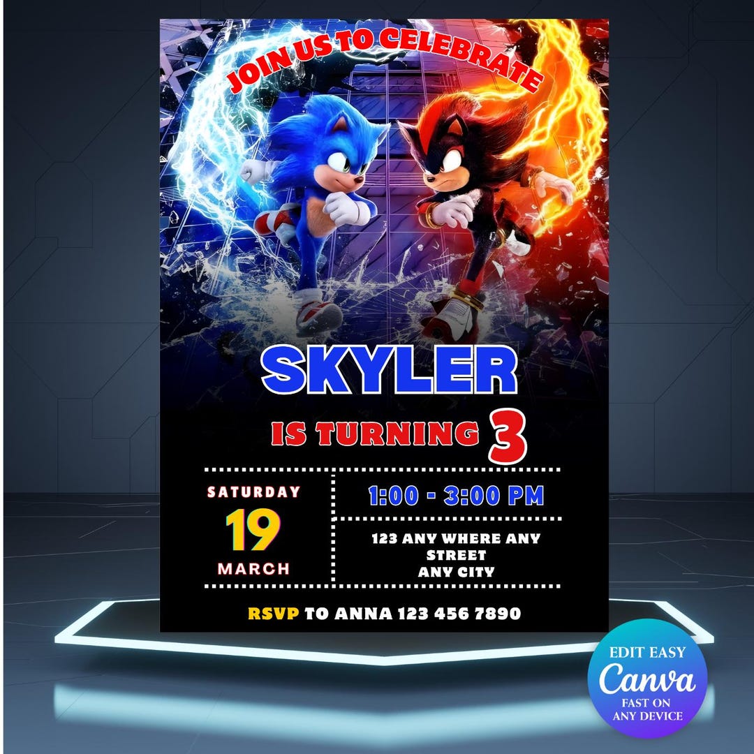 Editable Shadow Birthday Invitation, Sonic the Hedgehog 3, Sonic 3 ...