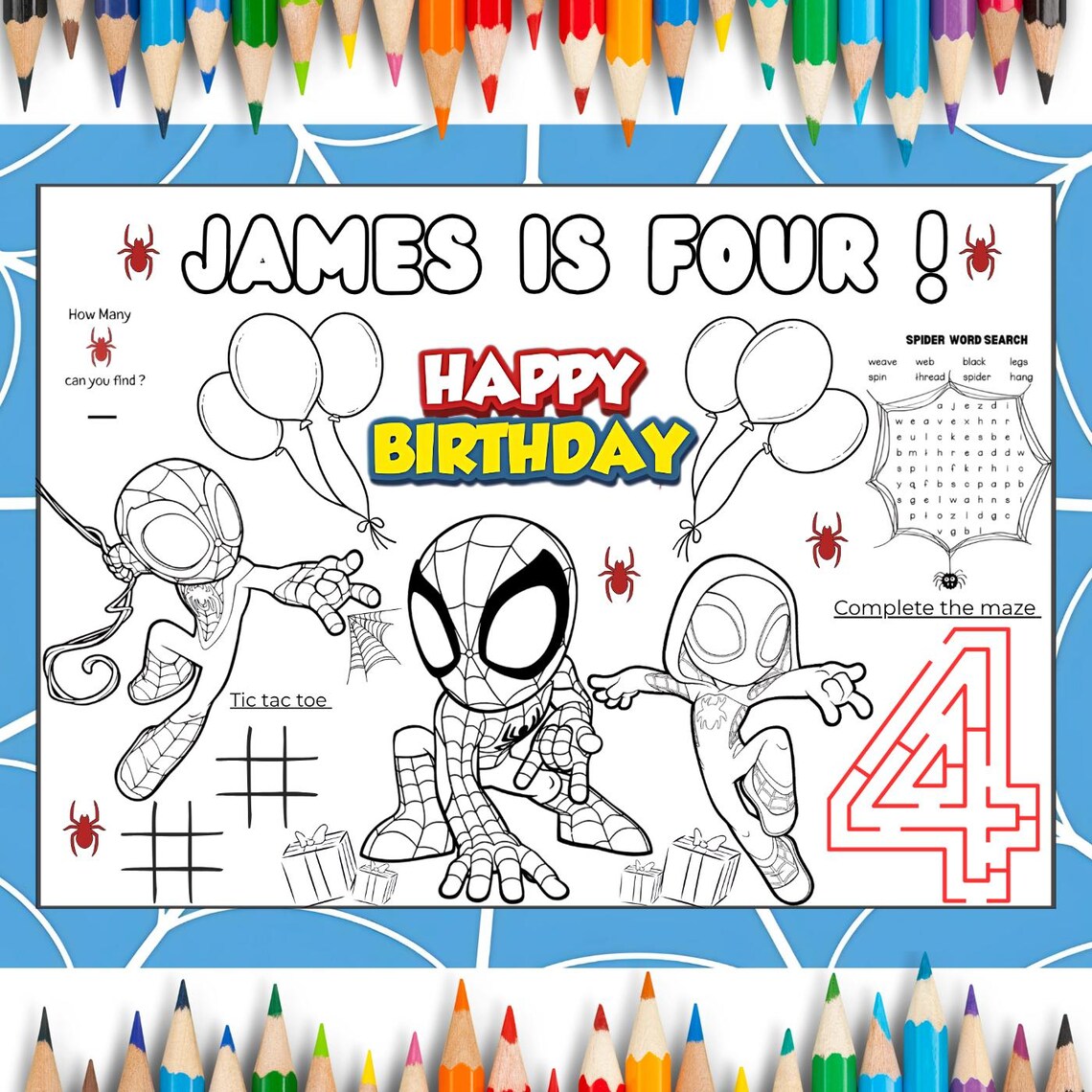 Editable Spiderman Birthday Coloring Placemat|personalized Spiderman ...