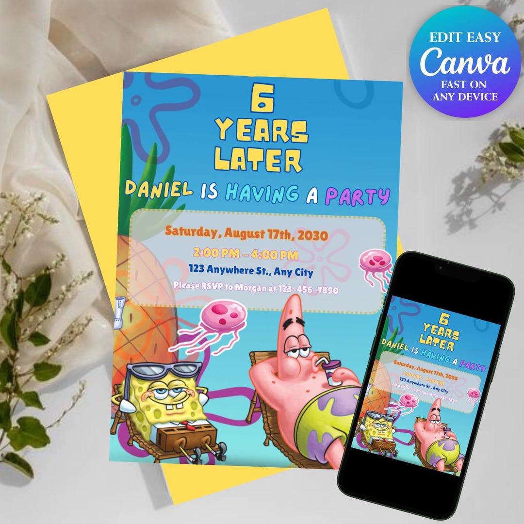Editable Spongebob Birthday Invitation Digital Spongebob Party Invite ...