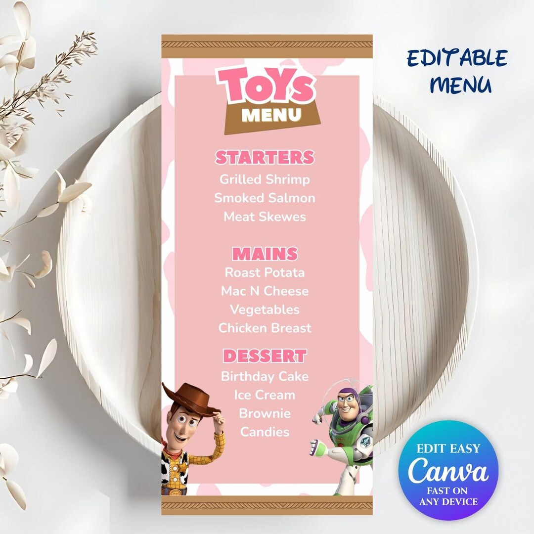 Editable Toy Story Birthday Party Menu Template | Printable Pink Toy ...