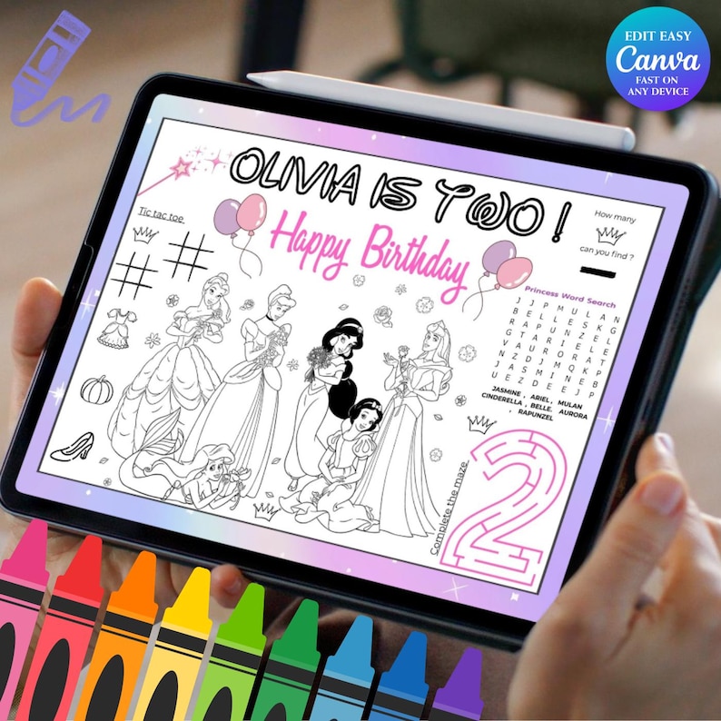 Editable Disney Princess Activity Sheet | Printable Party Placemat & Coloring Pages | Instant ...