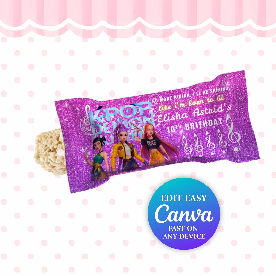 Editable K-pop Demon Hunters Rice Krispy Template | Kpop Snack Wrapper ...