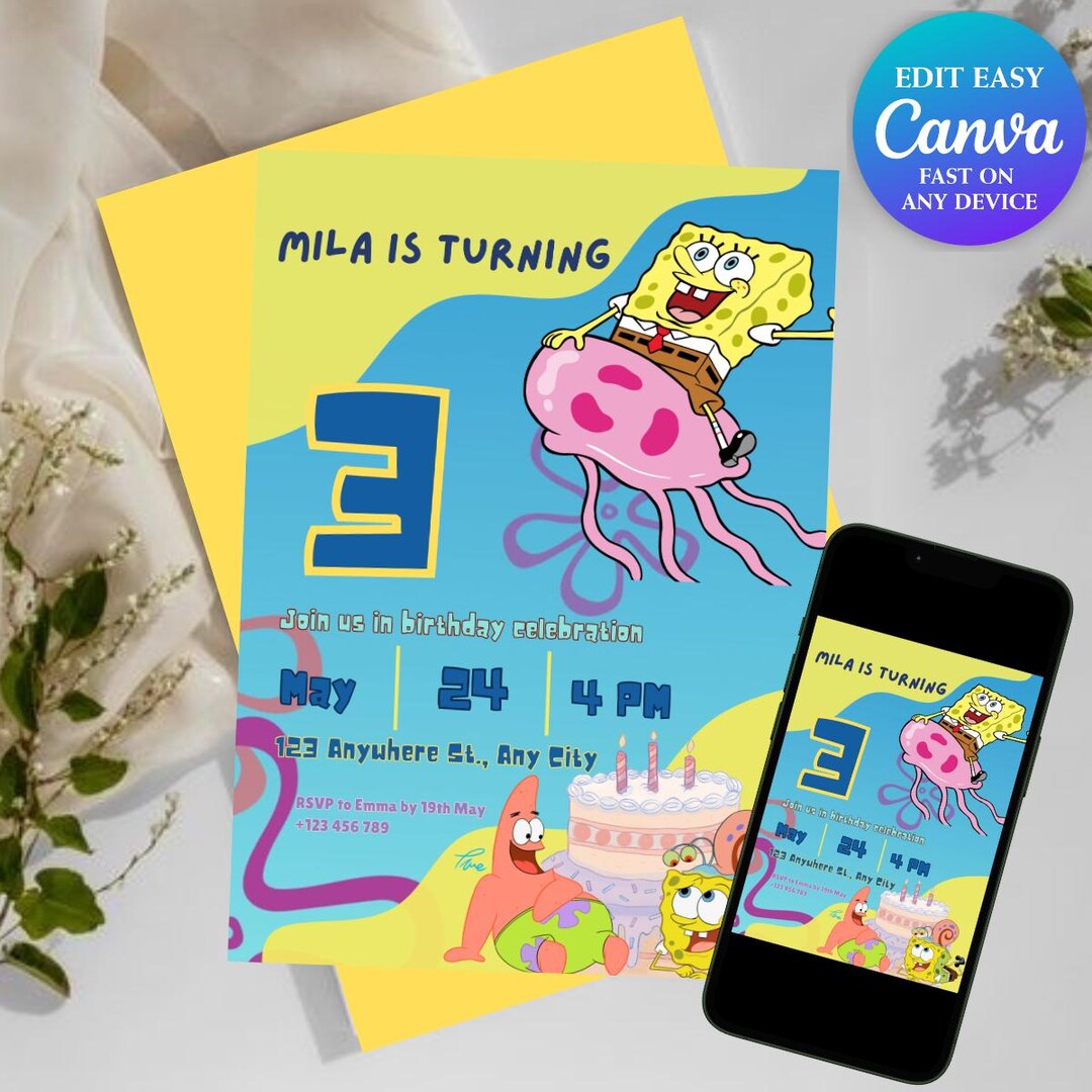 Editable Spongebob Birthday Invitation Digital Spongebob Party Invite ...
