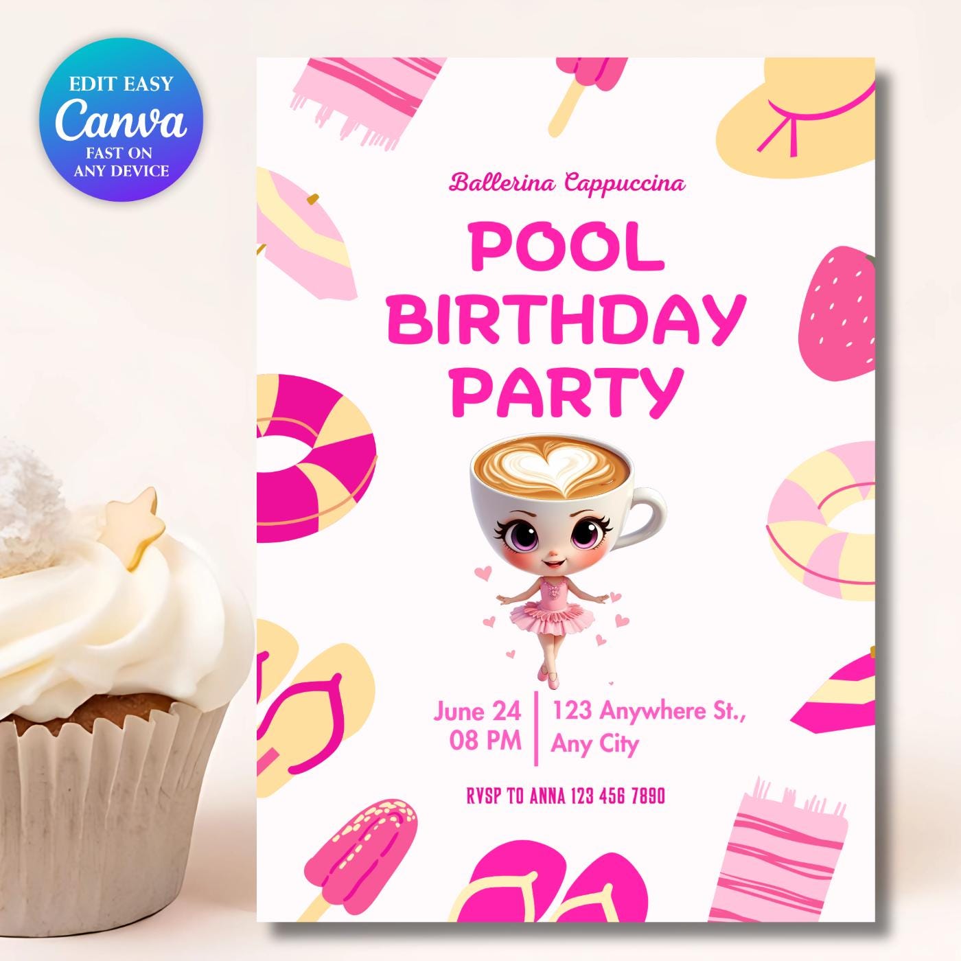 Editable Pool Party Italian Brainrot Invitation | Ballerina Cappuccina ...