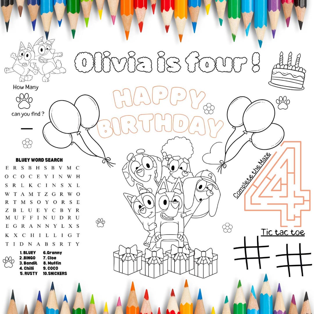Bluey Birthday Party Activity Sheet | Personalized Party Placemat ...