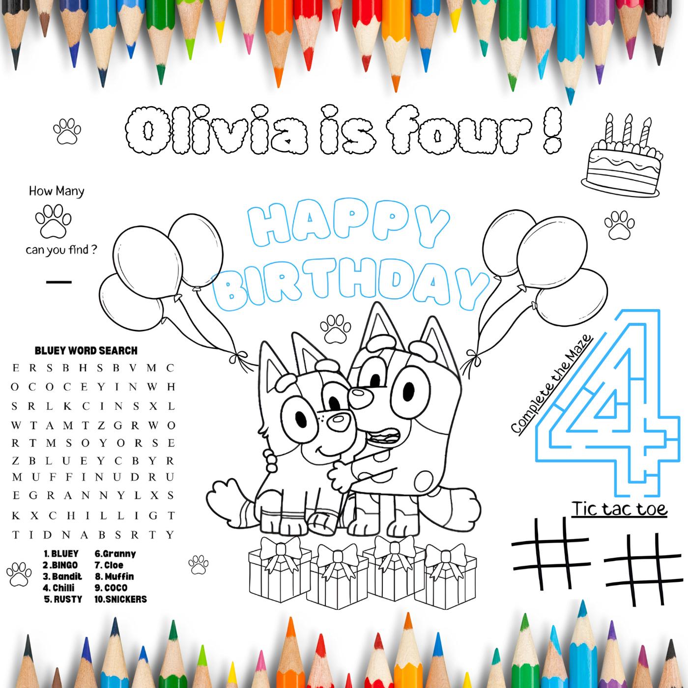 Bluey Birthday Party Activity Sheet | Personalized Party Placemat ...
