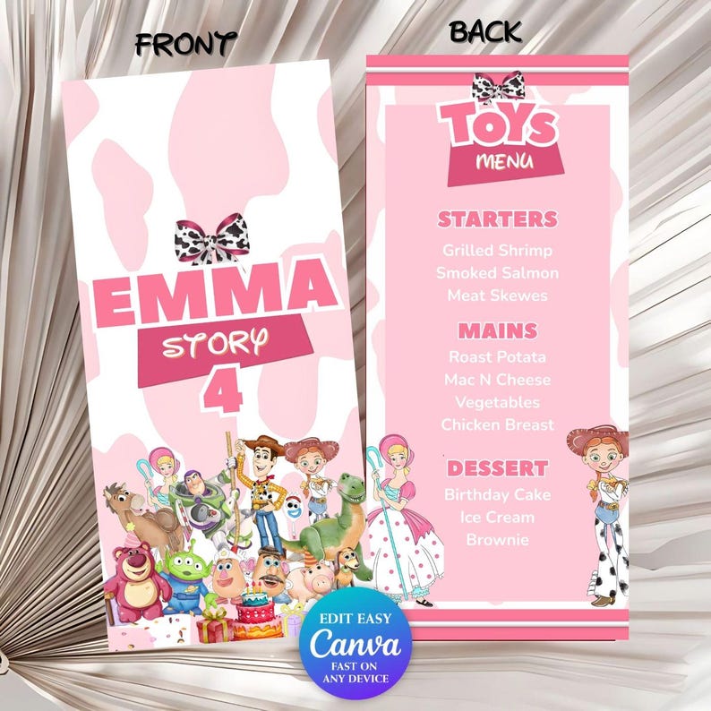 Editable Toy Story Birthday Party Menu Template | Printable Pink Toy ...