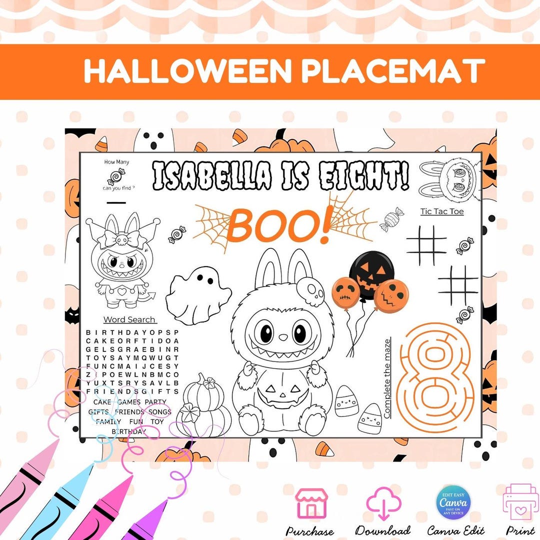 Spooky Labubu Activity Sheet Birthday Coloring Placemat Monster ...