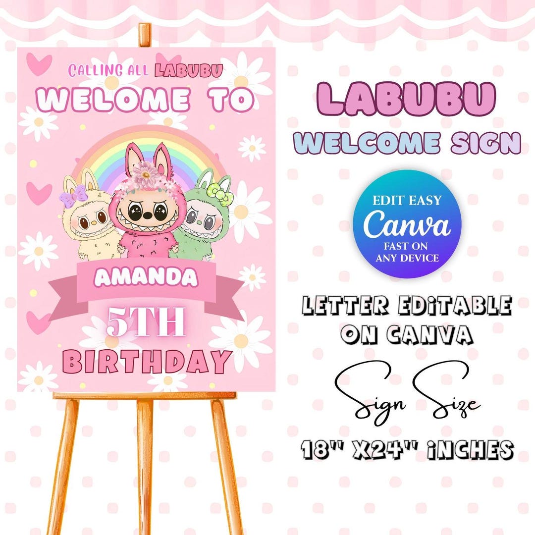 Labubu Welcome Sign Canva Template | Printable Party Sign | Kawaii ...
