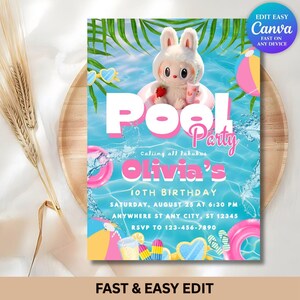 Labubu Pool Party Birthday Invitation |editable Pink Monster Invite ...